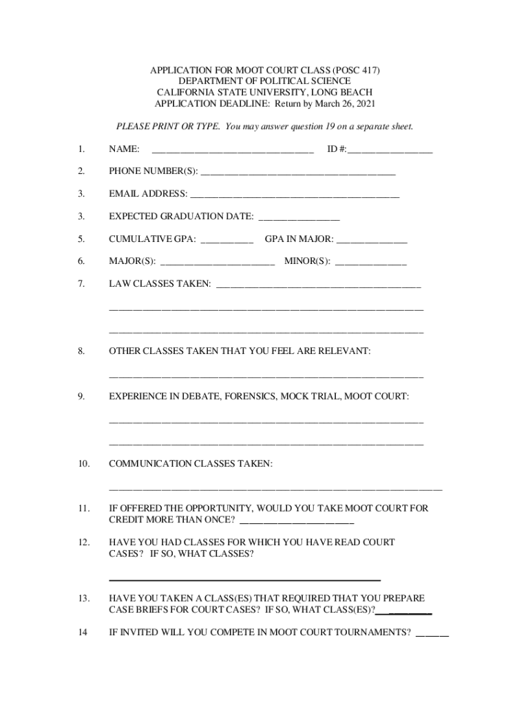 Fillable Online Application for MOOT COURT Class (POSC 417) Fax Email ...