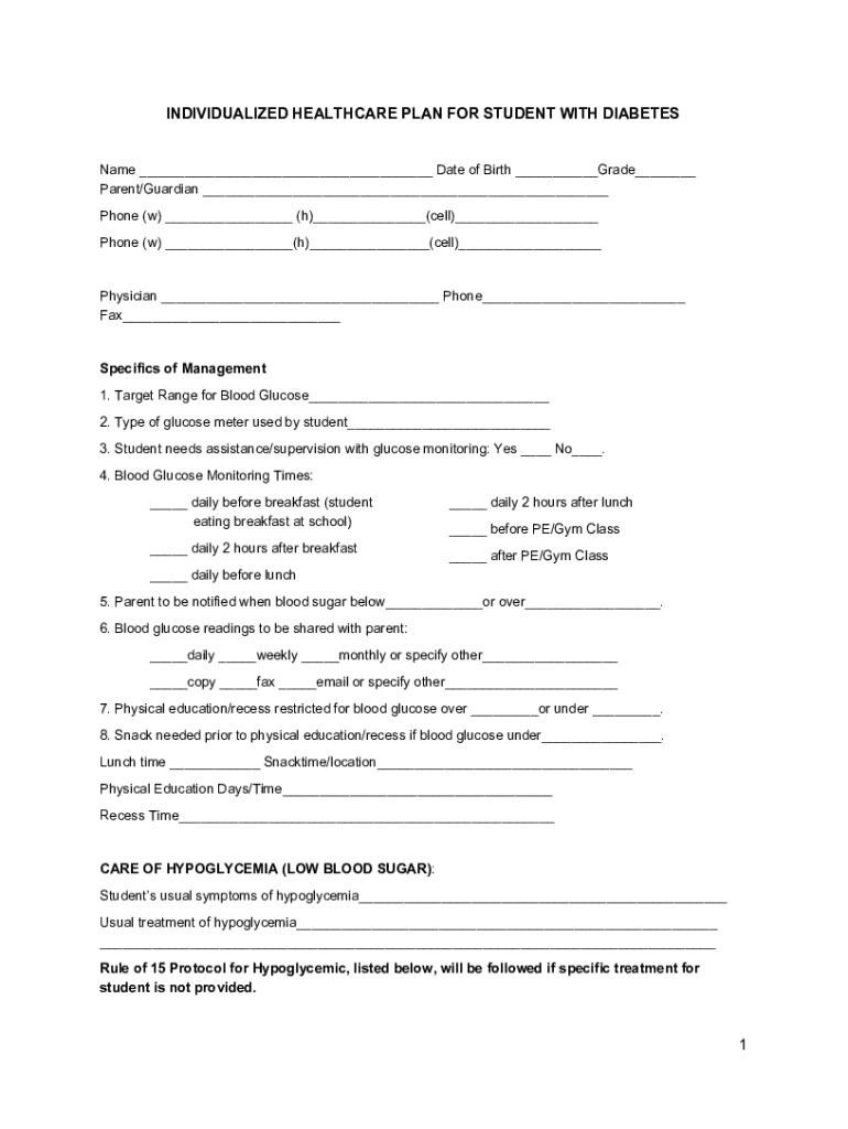 Fillable Online Sample Diabetes Medical Management Plan and IHP - NJ ...