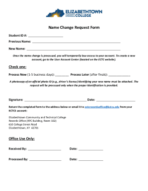 Fillable Online elizabethtown kctcs CHANGE OF NAME/ PREFERRED NAME REQUEST FORM Fax Email Print ...