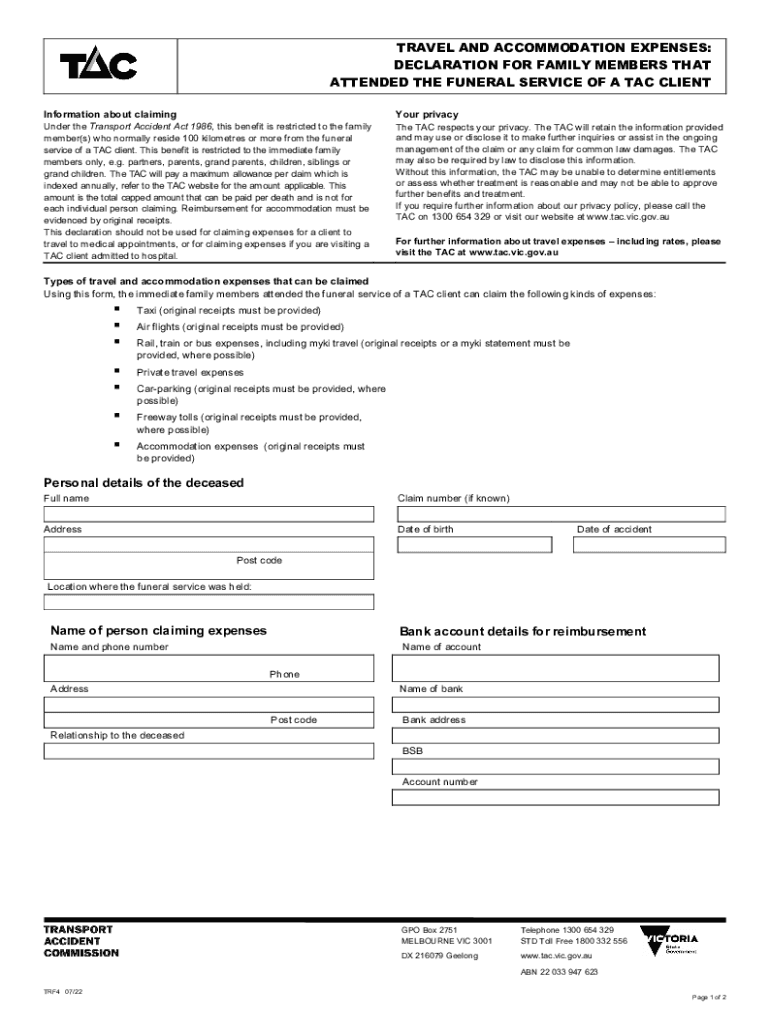 Fillable Online TAC Travel and accommodation reimbursement for family ...
