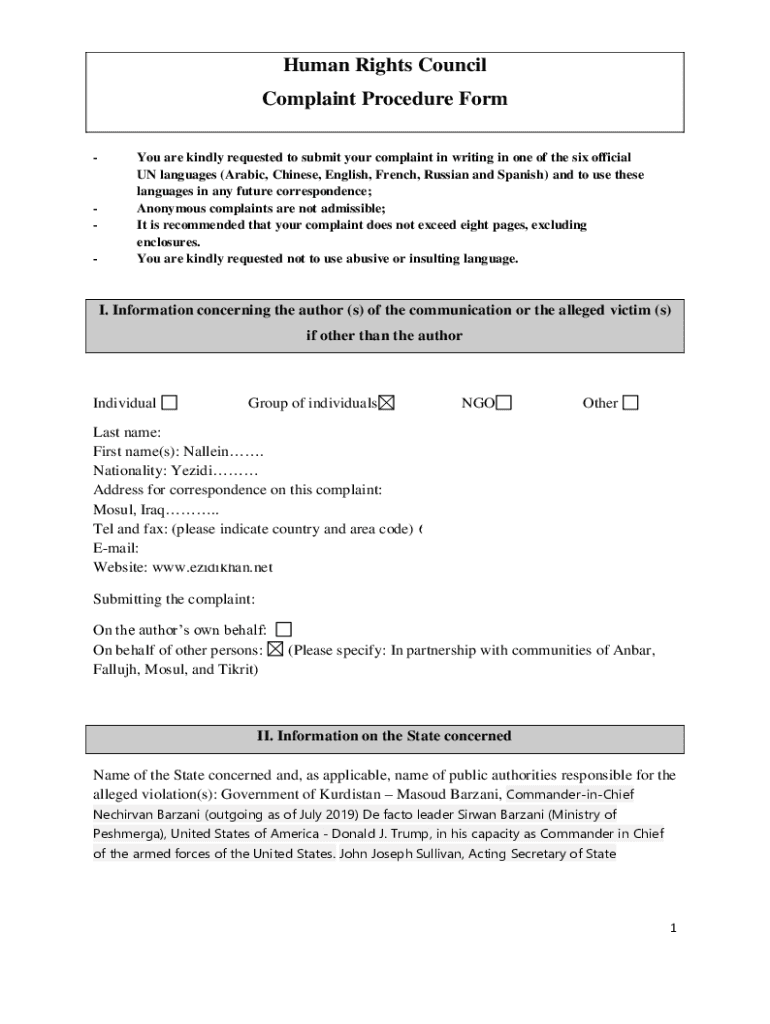 Fillable Online Human Rights Council Complaint Procedure Form - CAGE ...
