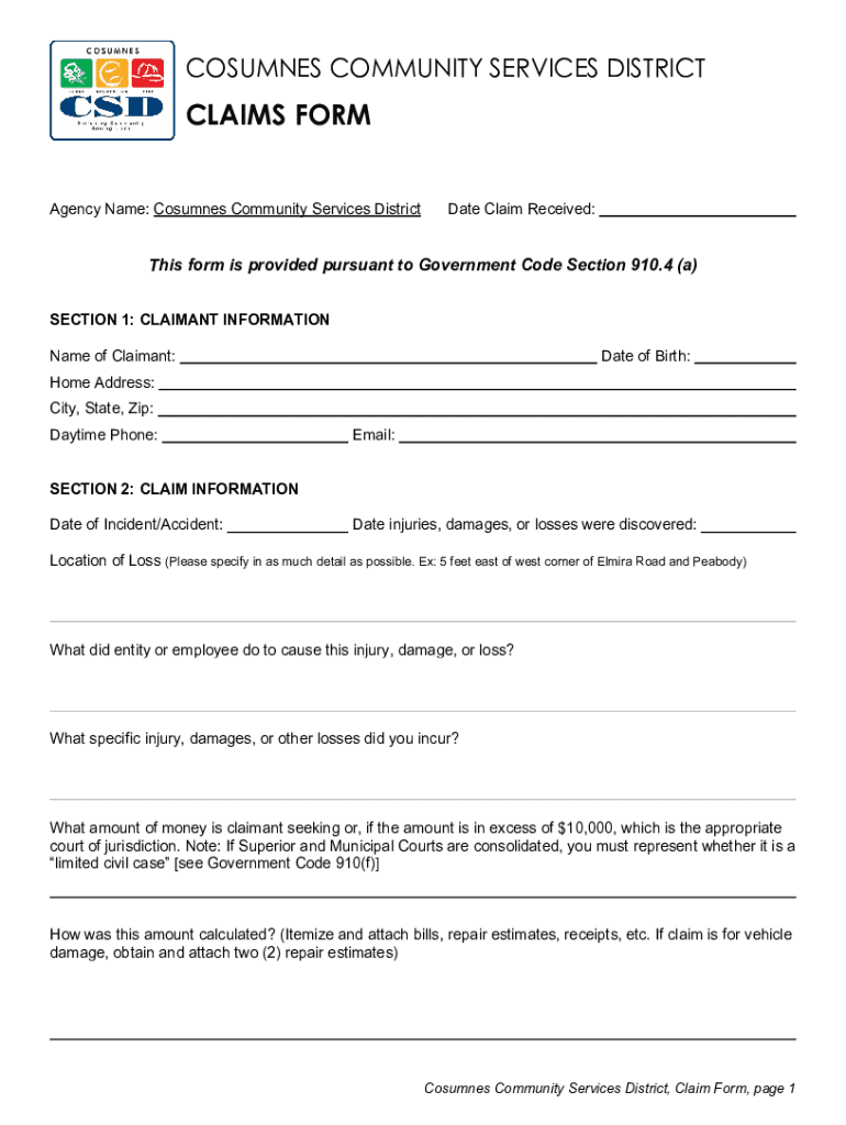 Fillable Online CLAIMS FORM - Cosumnes Community Services District Fax Email Print - pdfFiller