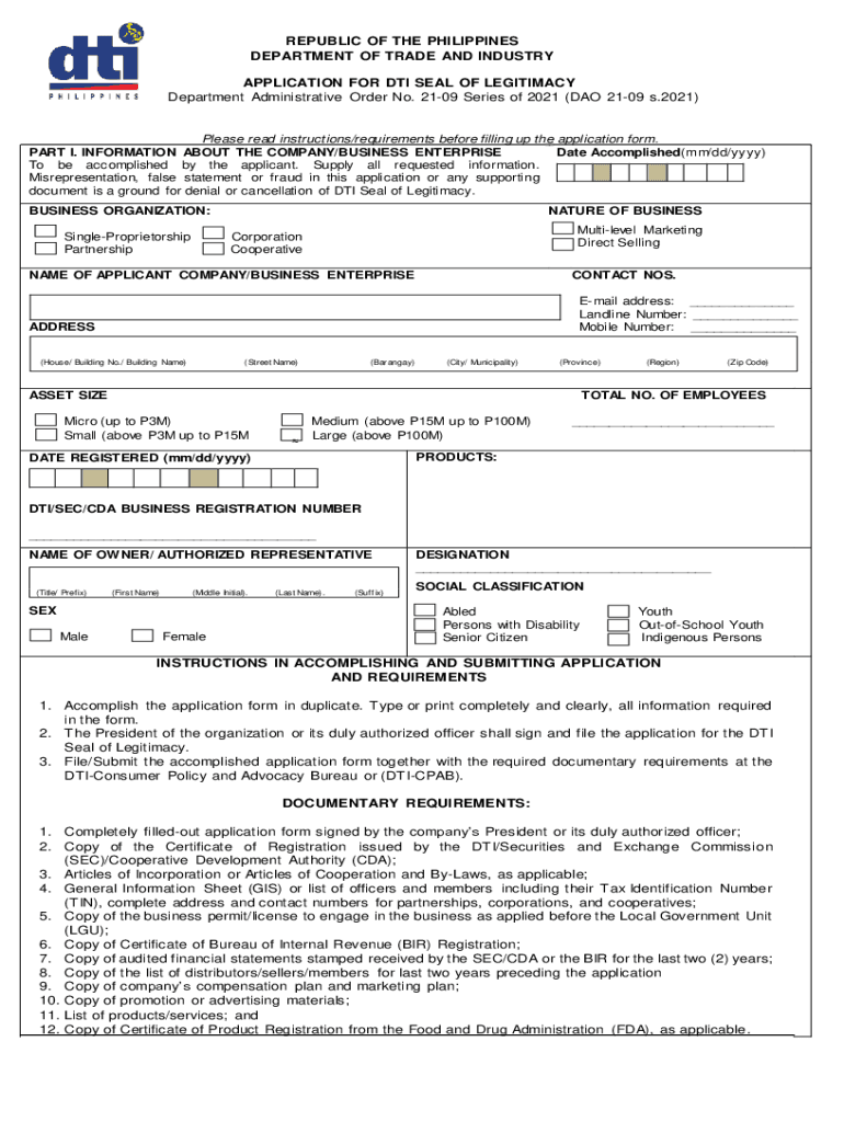 Fillable Online APPLICATION FOR DTI SEAL OF LEGITIMACY Department ... Fax Email Print - pdfFiller