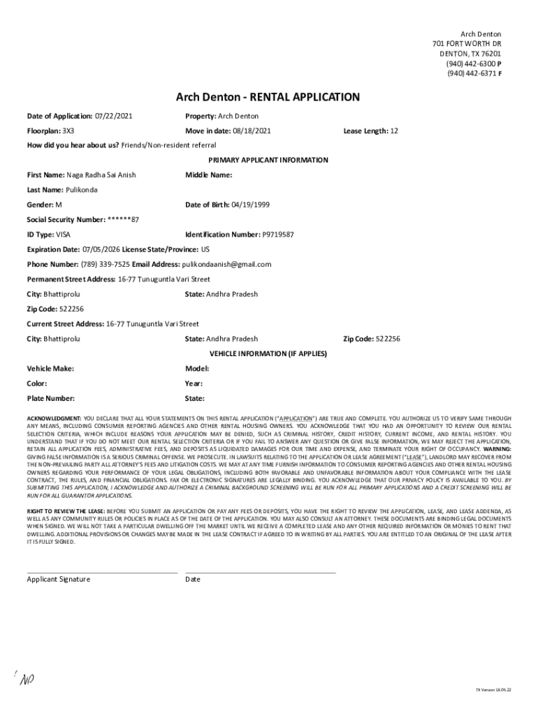 Fillable Online Arch Denton - RENTAL APPLICATION - Off-Campus Housing Fax Email Print - pdfFiller