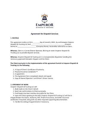 Fillable Online Agreement for Dispatch Services Fax Email Print - pdfFiller