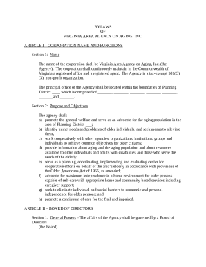 Bylaws for a Virginia AAA - Sample Doc Template | pdfFiller