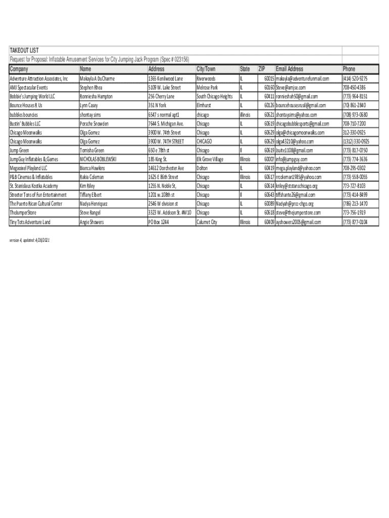 Fillable Online Take Out List - Inflatable Amusement Services for City ...