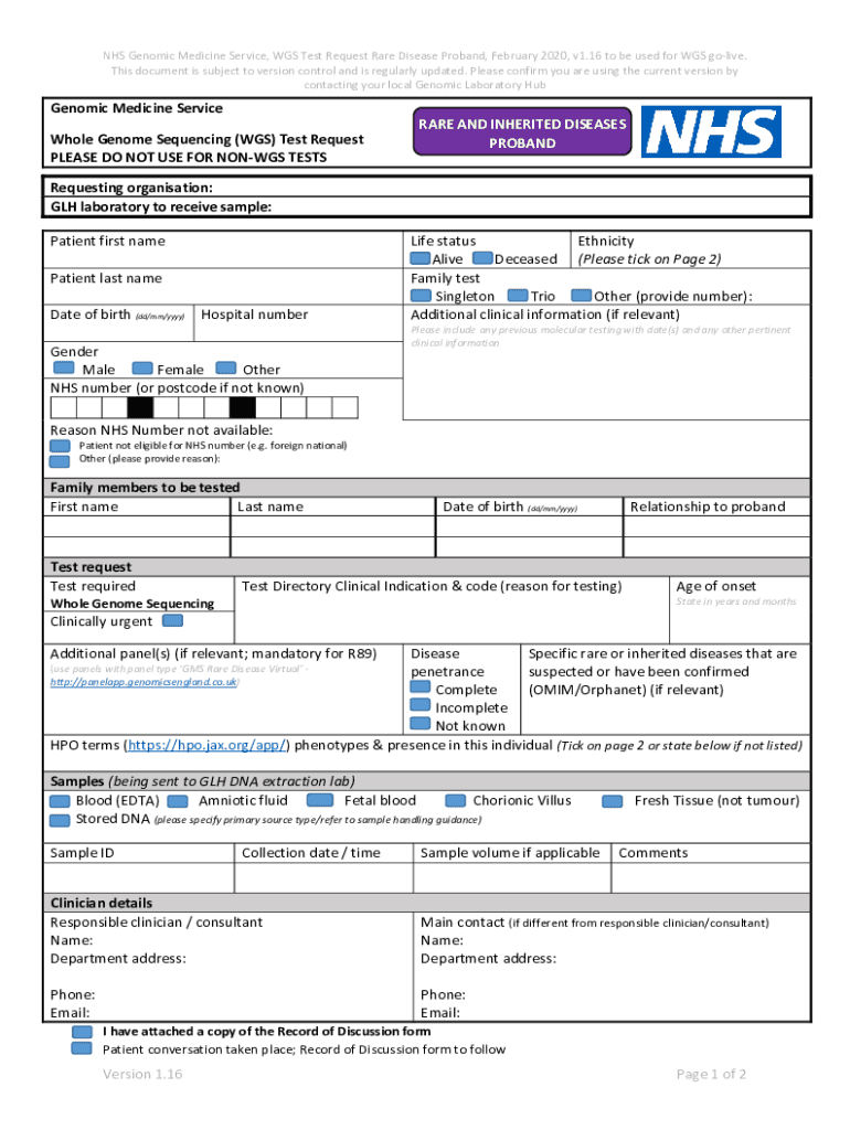 Fillable Online NHS Genomic Medicine Service test order forms Fax Email ...