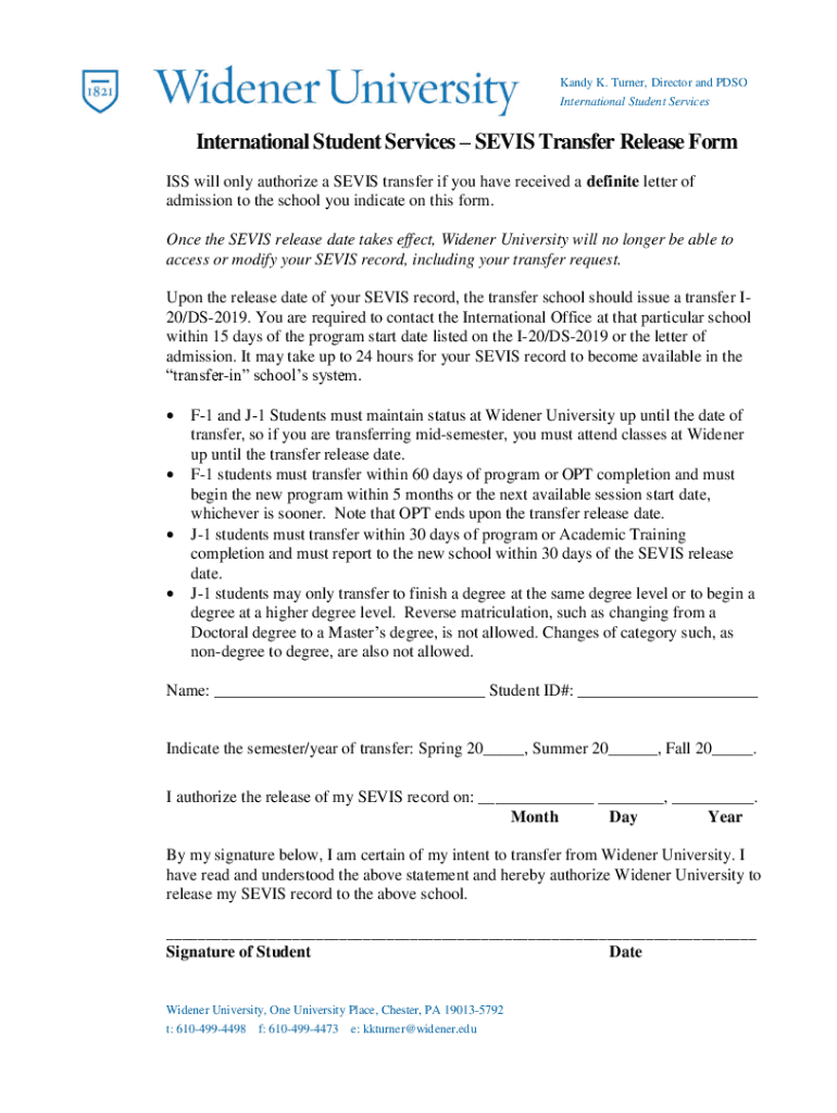 Fillable Online International Student Services SEVIS Transfer Release ...