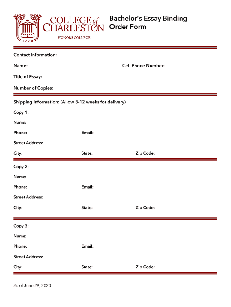 Fillable Online Bachelor's Essay Binding Order Form Fax Email Print - pdfFiller