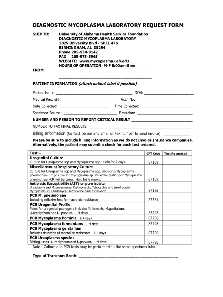 Fillable Online diagnostic mycoplasma laboratory request form Fax Email Print - pdfFiller
