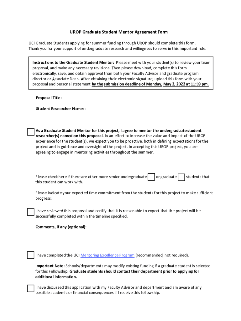 Fillable Online UROP Graduate Student Mentor Agreement Form Fax Email ...