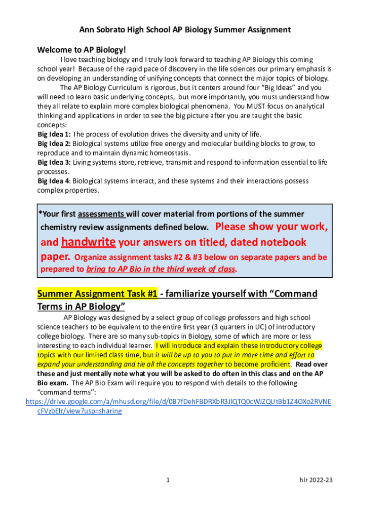 Fillable Online Fillable Online Summer Assignment 1 - Sobrato High School Fax ... Fax Email ...