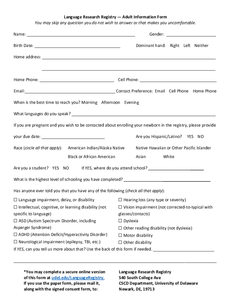 Fillable Online Language Research Registry Adult Information Form Fax ...
