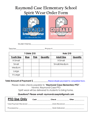 Fillable Online Raymond Case Elementary School Spirit Wear Order Form ...