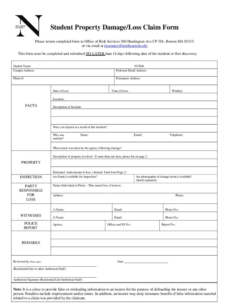 Fillable Online Student Property Damage/Loss Claim Form Fax Email Print ...