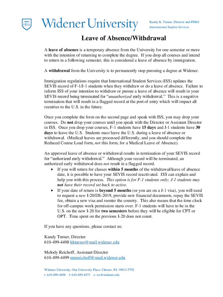 Fillable Online A leave of absence is a temporary absence from the ...