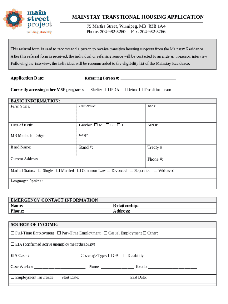 Mainstay Residence Application 1.2 - Main Street Project Doc Template | pdfFiller