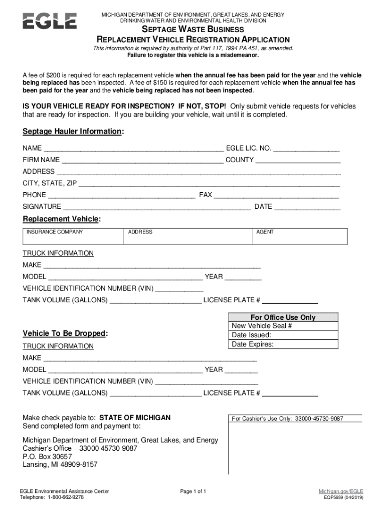 Fillable Online Septage Waste Business Replacement Vehicle Registration ...