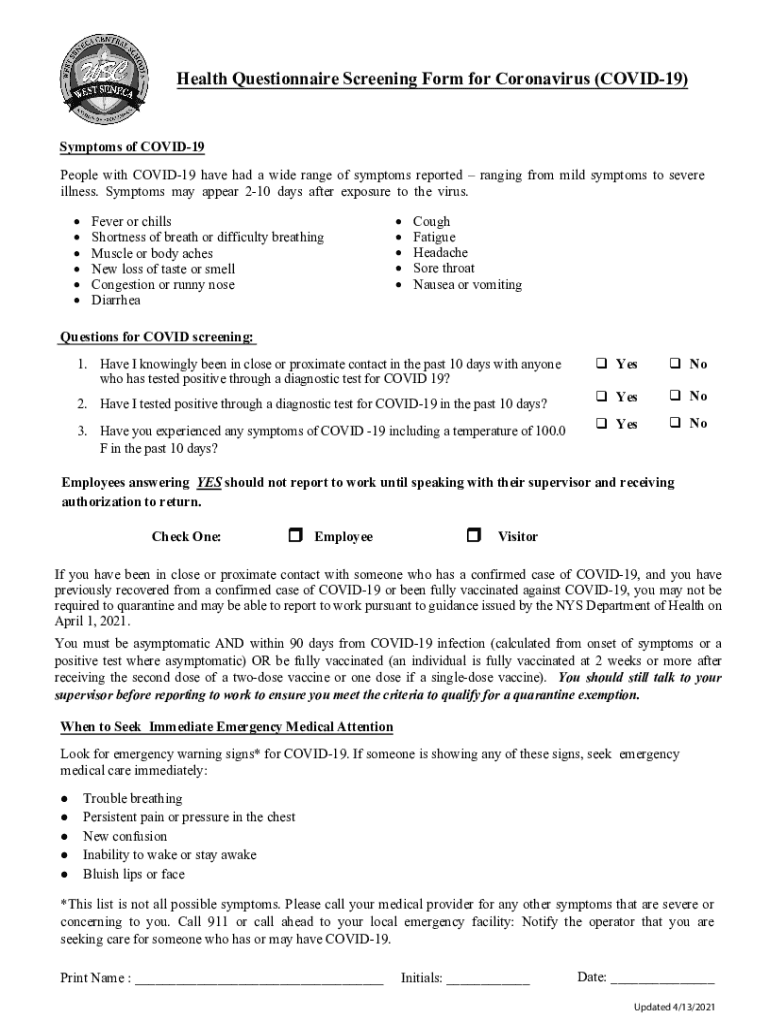 Fillable Online Health Questionnaire Screening Form for Coronavirus ...