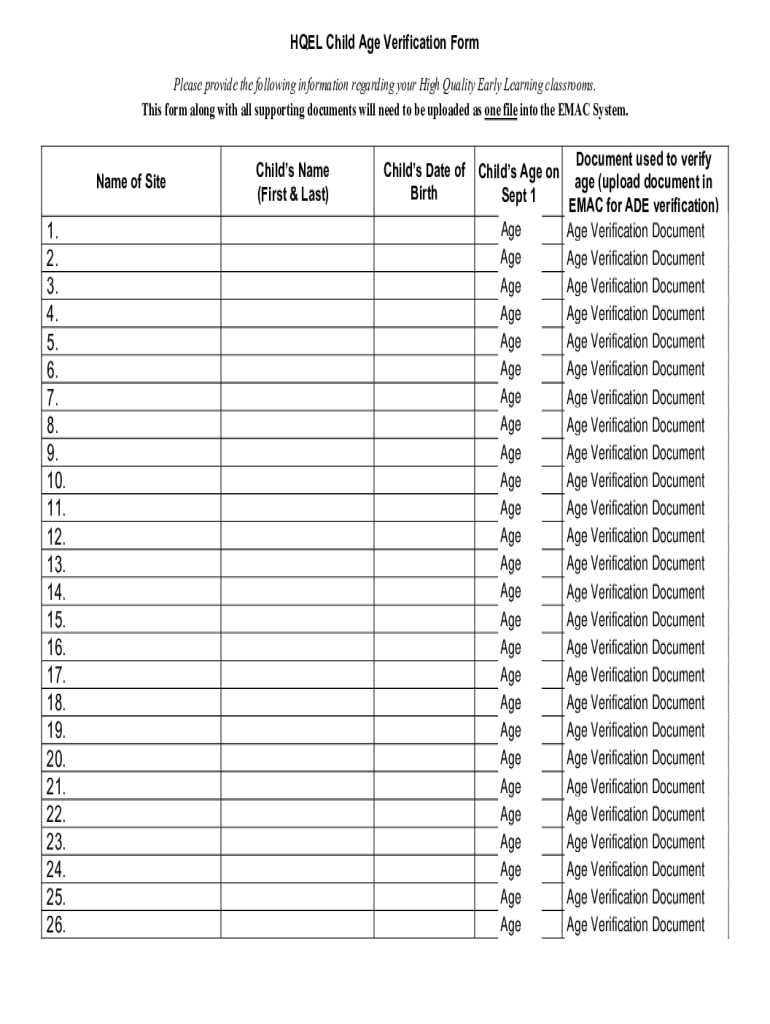 Fillable Online HQEL Child Age Verification Form Name of Site Child's ...