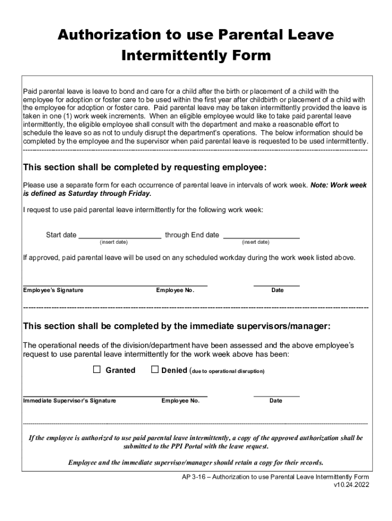 Fillable Online Authorization to use Parental Leave Intermittently Form ...