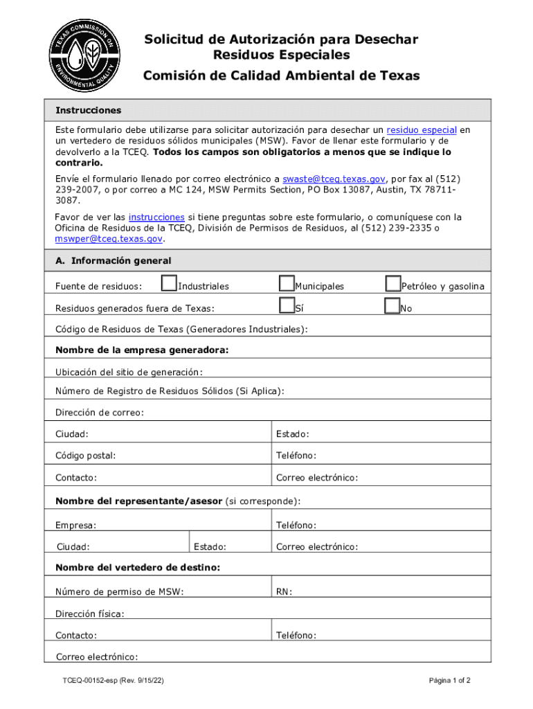 Fillable Online Solicitud para Autorizacin para Desechar Residuos Especiales. Special Waste ...