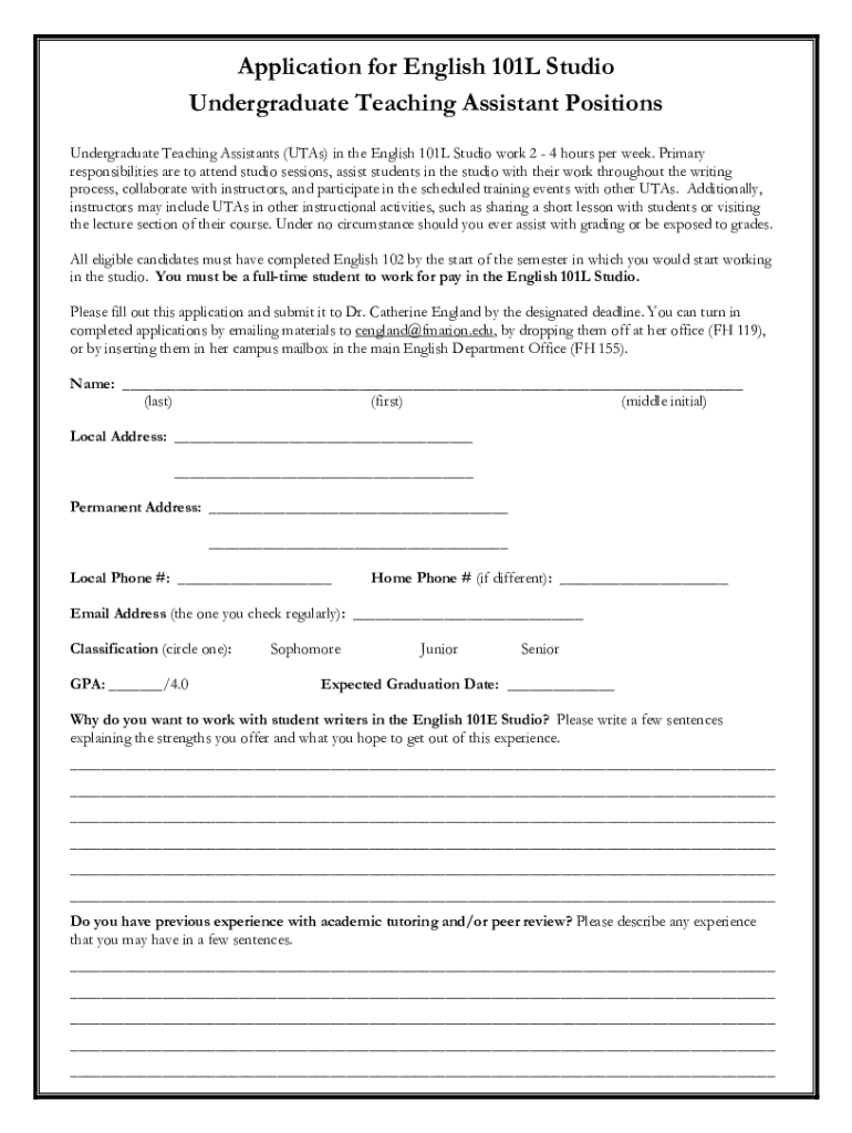 Fillable Online Application for English 101L Studio Undergraduate ...