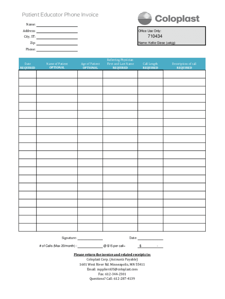 Fillable Online Patient Educator Phone Invoice - Coloplast Men's Health ...
