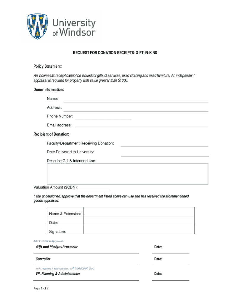 Fillable Online request for donation receipts- gift-in-kind - University of Windsor Fax Email ...