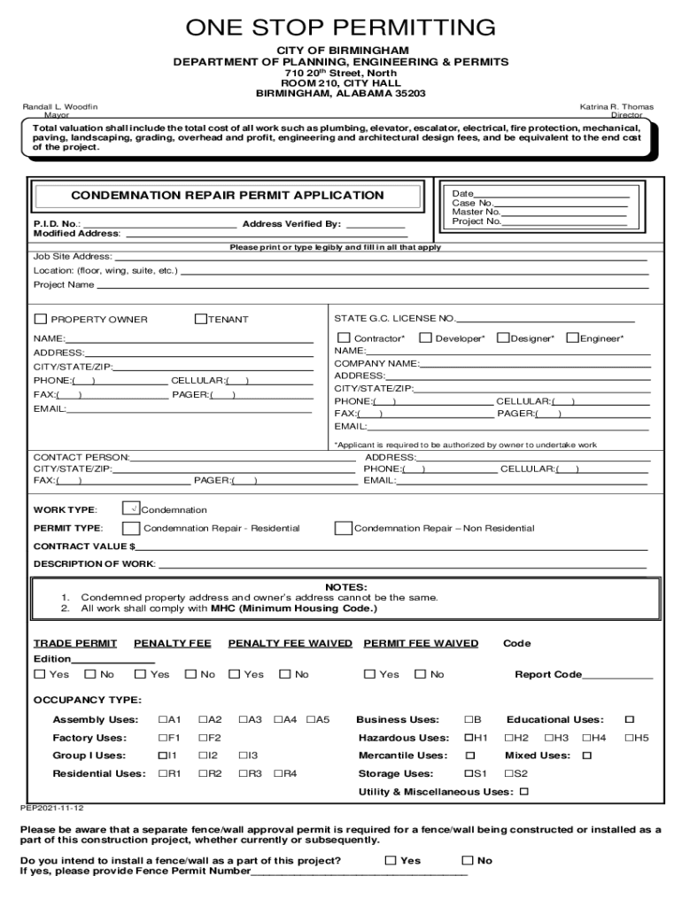 Fillable Online Condemnation Repair Package - CITY OF BIRMINGHAM Fax ...