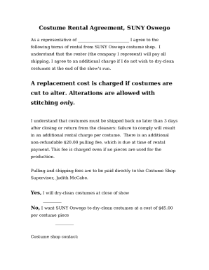 Costume Rental Agreement, SUNY Oswego Doc Template | pdfFiller