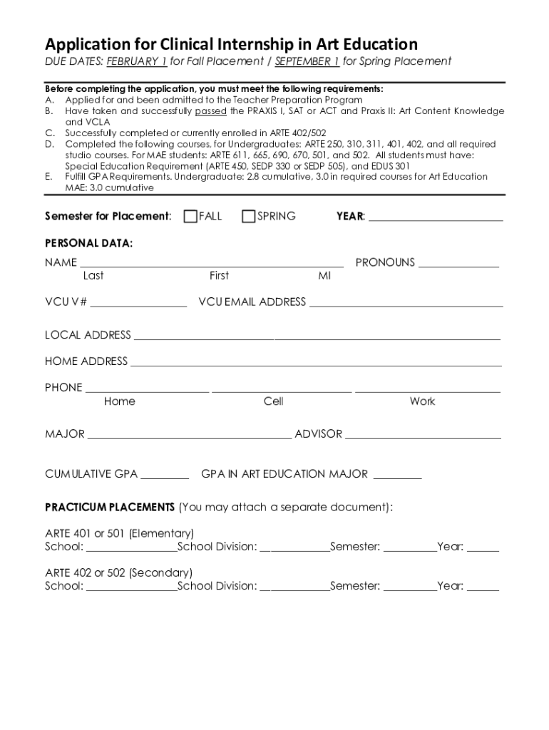 Fillable Online soe vcu Application for Student Teaching in Art ...