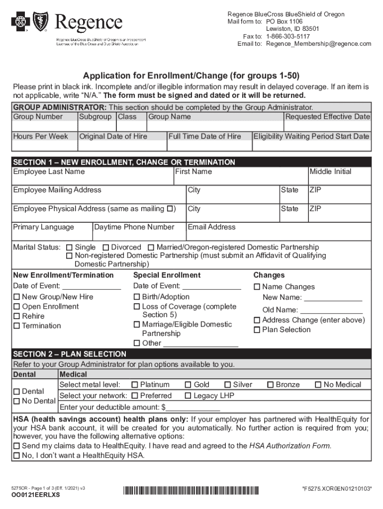 Fillable Online 2021 Regence BlueCross BlueShield of Oregon Application for Enrollment/Change ...