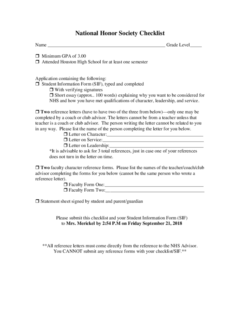 Fillable Online National honor society application - Houston ISD Fax Email Print - pdfFiller