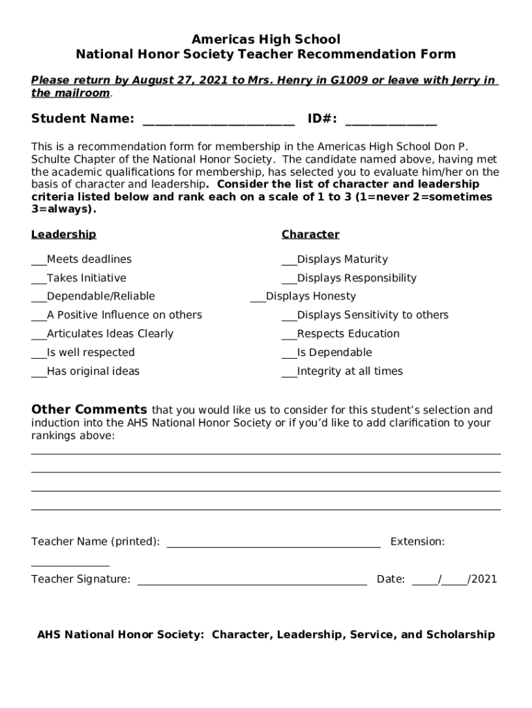 NATIONAL HONOR SOCIETY APPLICATION Dear Student ... Doc Template ...