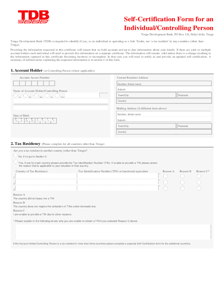 Fillable Online Self-Certification Form for an Individual/Controlling ...