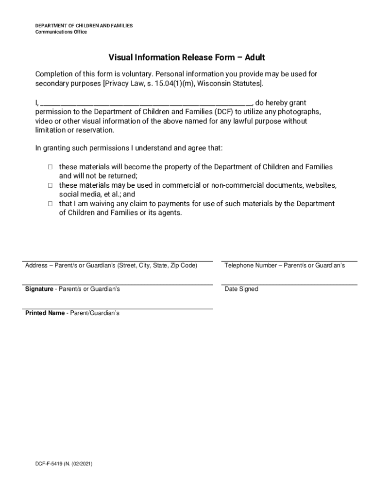 Fillable Online dcf wisconsin Visual Information Release Form - Adult ...