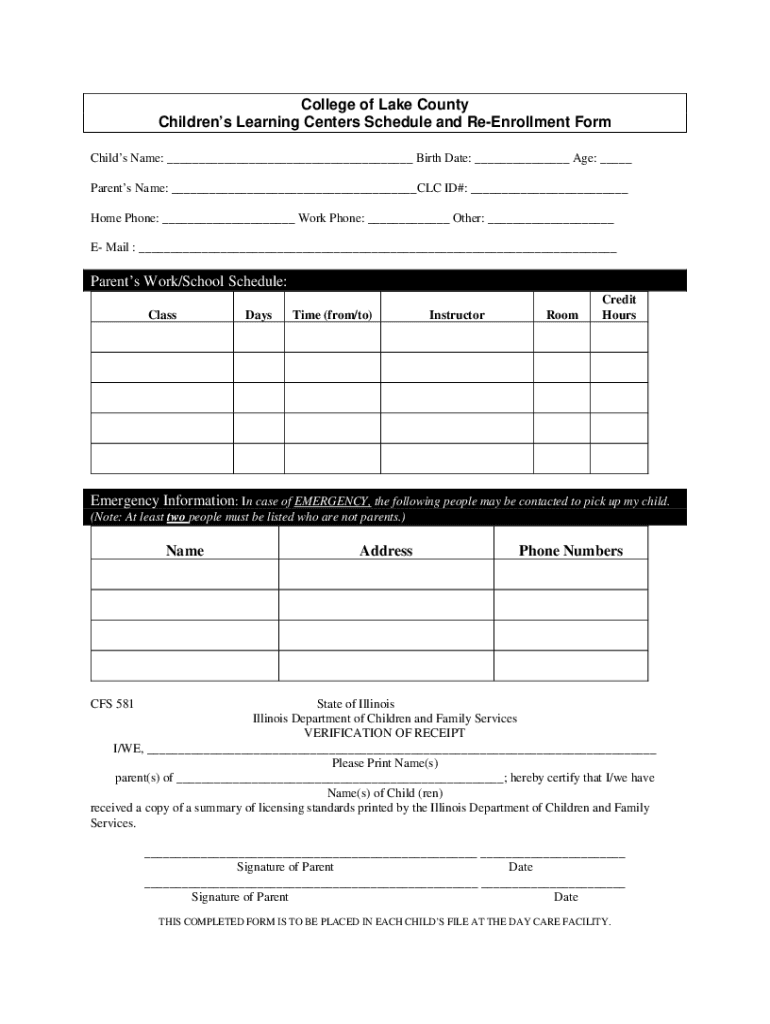 Fillable Online dept clcillinois Children's Learning Centers Schedule ...
