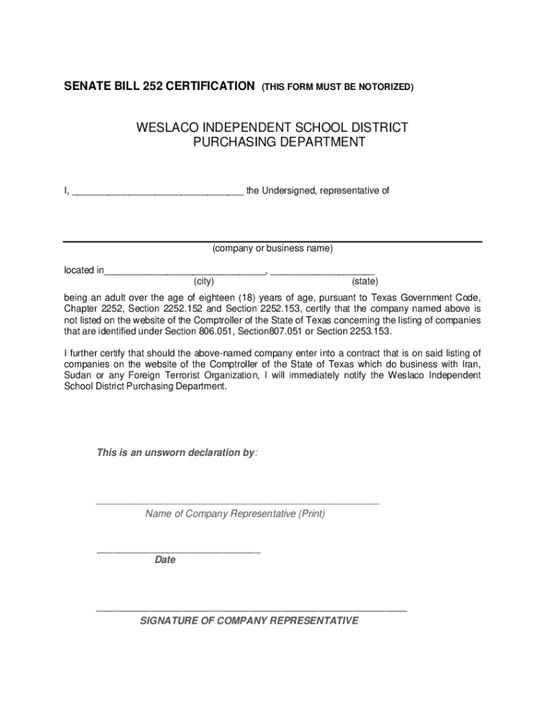Fillable Online SENATE BILL 252 CERTIFICATION (THIS FORM MUST BE ...