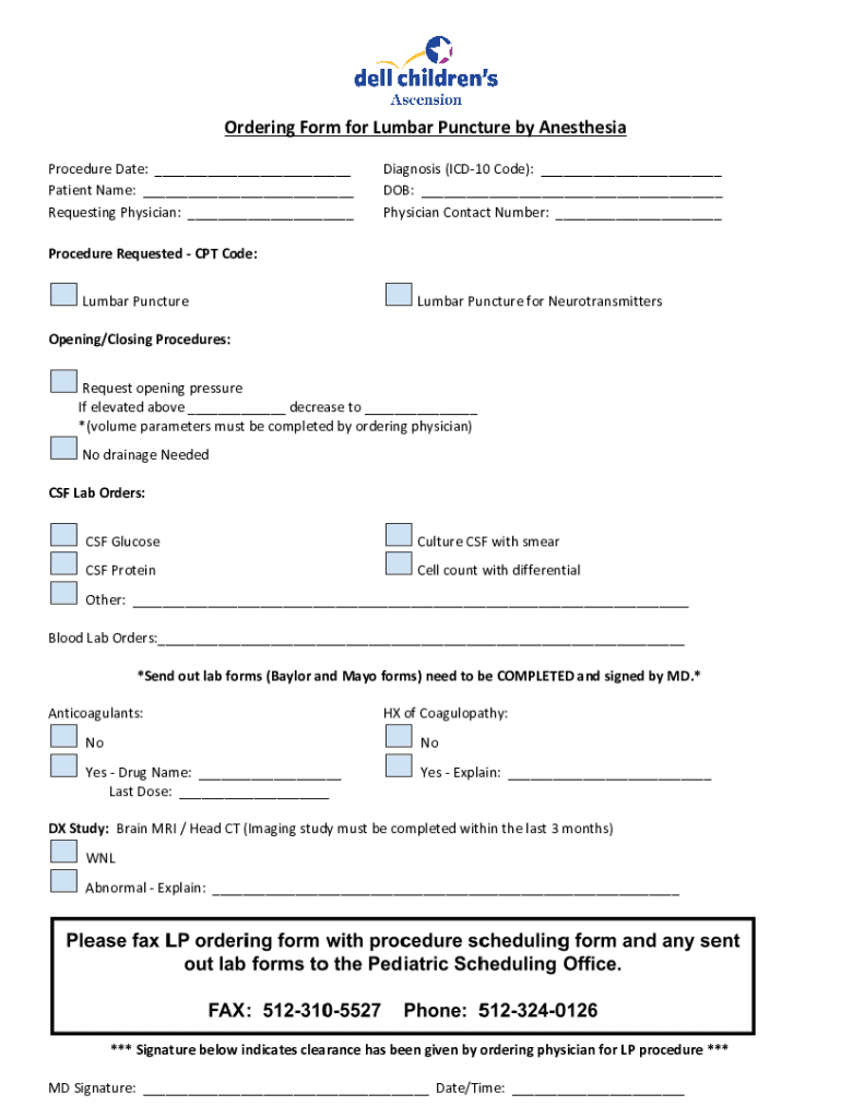 Fillable Online Ordering Form for Lumbar Puncture by Anesthesia Fax ...