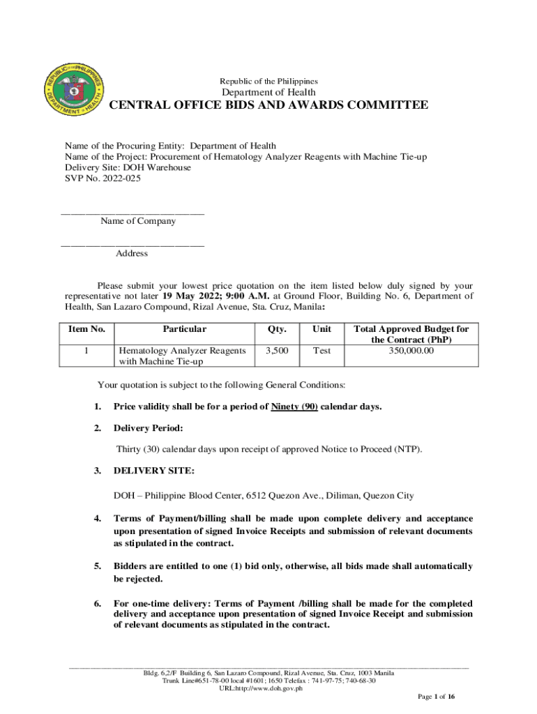 Fillable Online doh gov Purchase of One Unit Hematology Analyzer for the City Health ... Fax ...