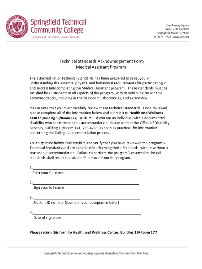 Fillable Online Technical Standards Acknowledgement Form Medical ...