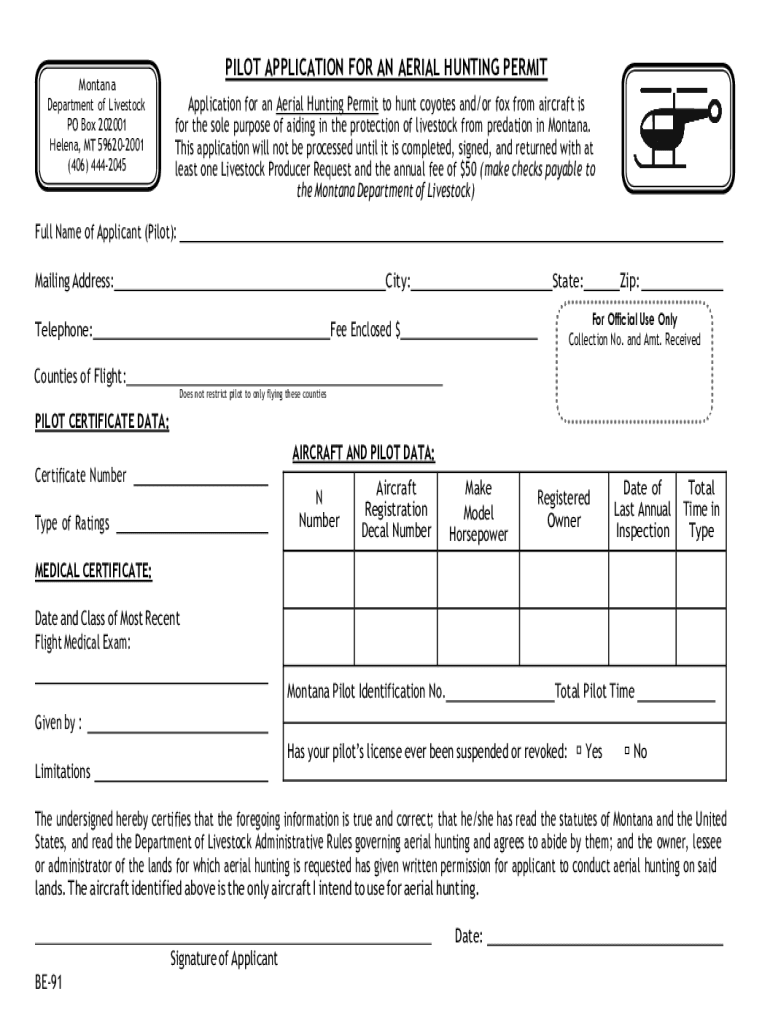 Fillable Online liv mt Aerial Hunting Permits - Department of Livestock ...