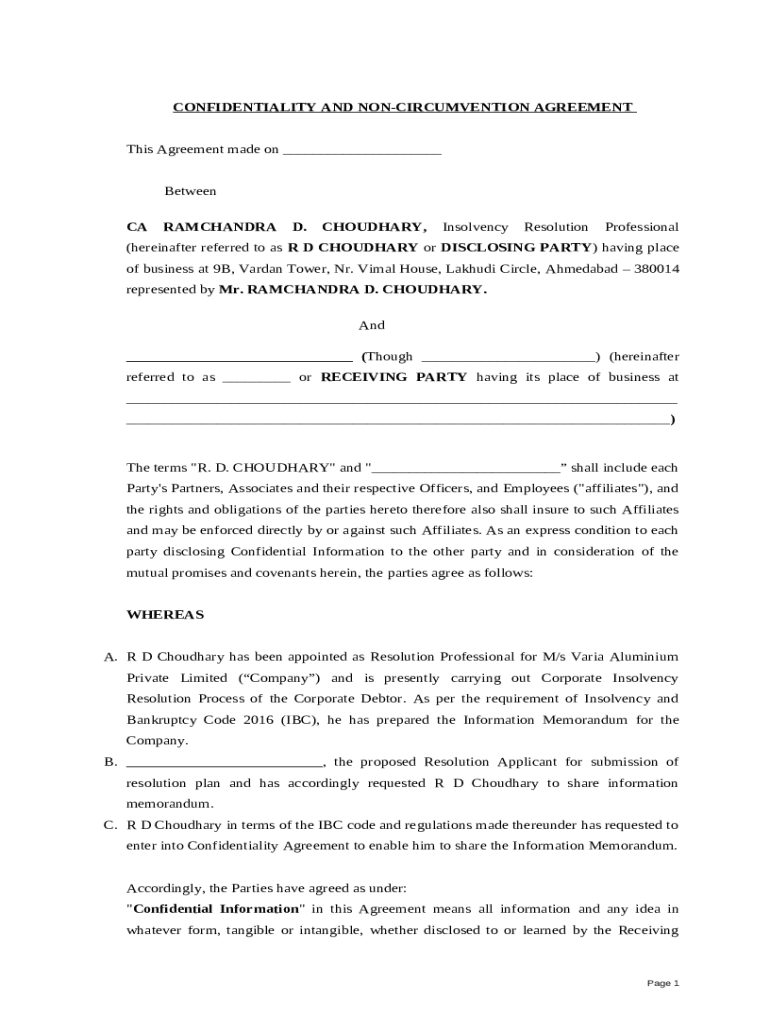 CONFIDENTIALITY AND NON-CIRCUMVENT AGREEMENT Doc Template | pdfFiller