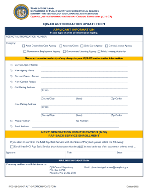 Fillable Online dpscs maryland CJIS-CR AUTHORIZATION UPDATE FORM ...