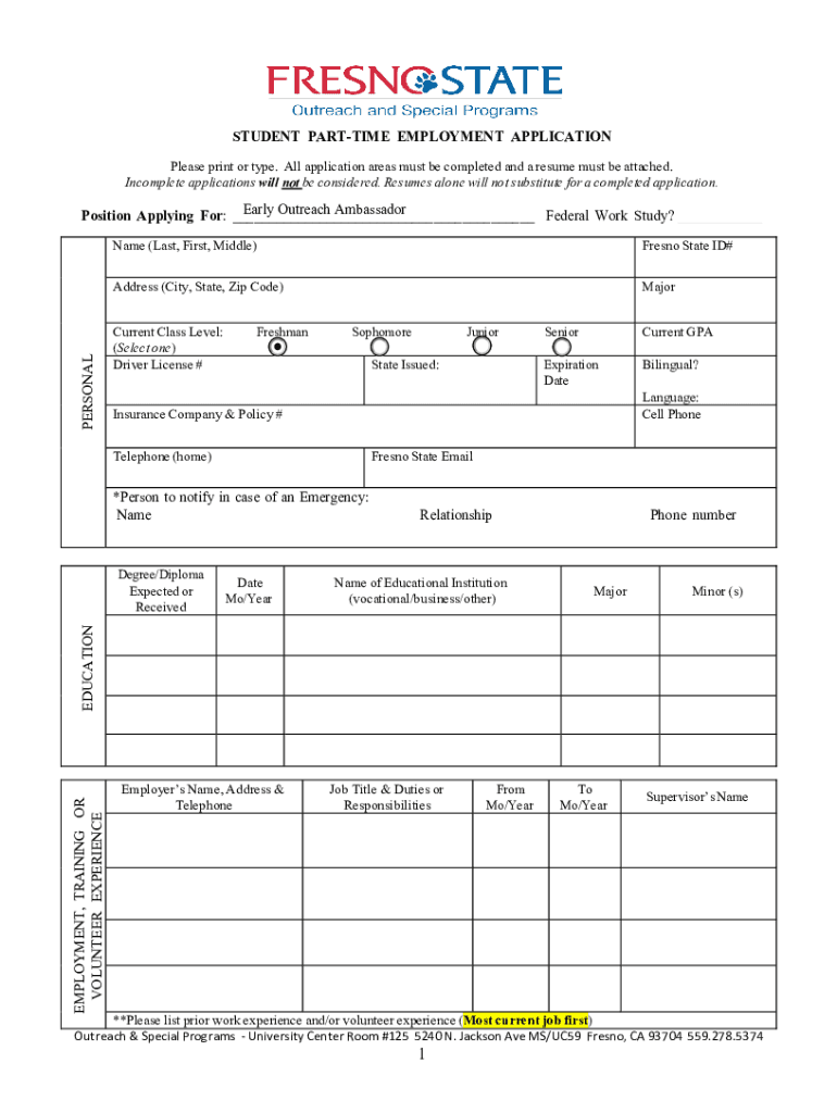 Fillable Online STUDENT PART-TIME EMPLOYMENT APPLICATION Position ...