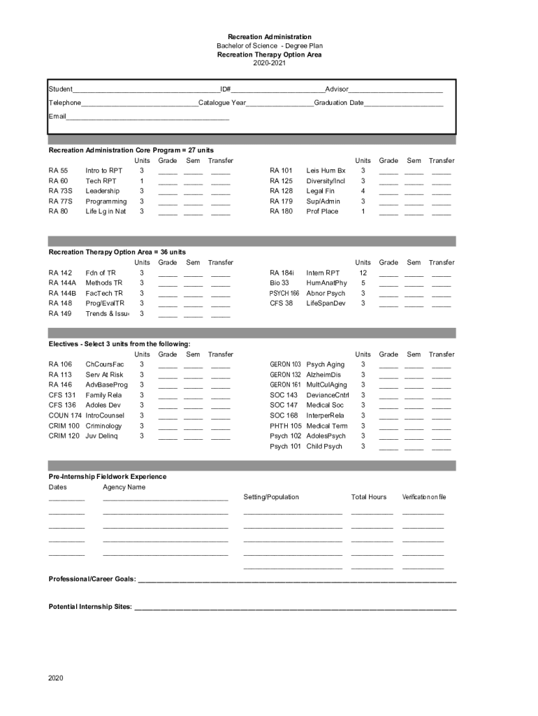 Fillable Online Bachelor of Science (B.S.) Major in Recreation ...