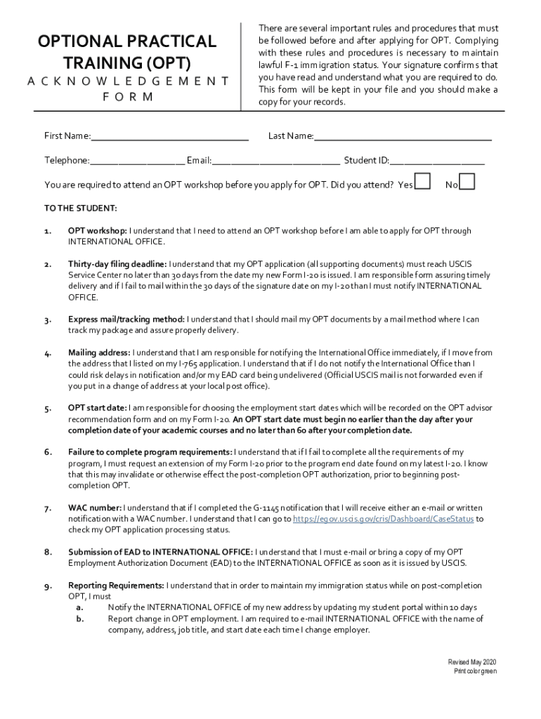 Fillable Online Post-Completion OPT Acknowledgement Form Fax Email ...