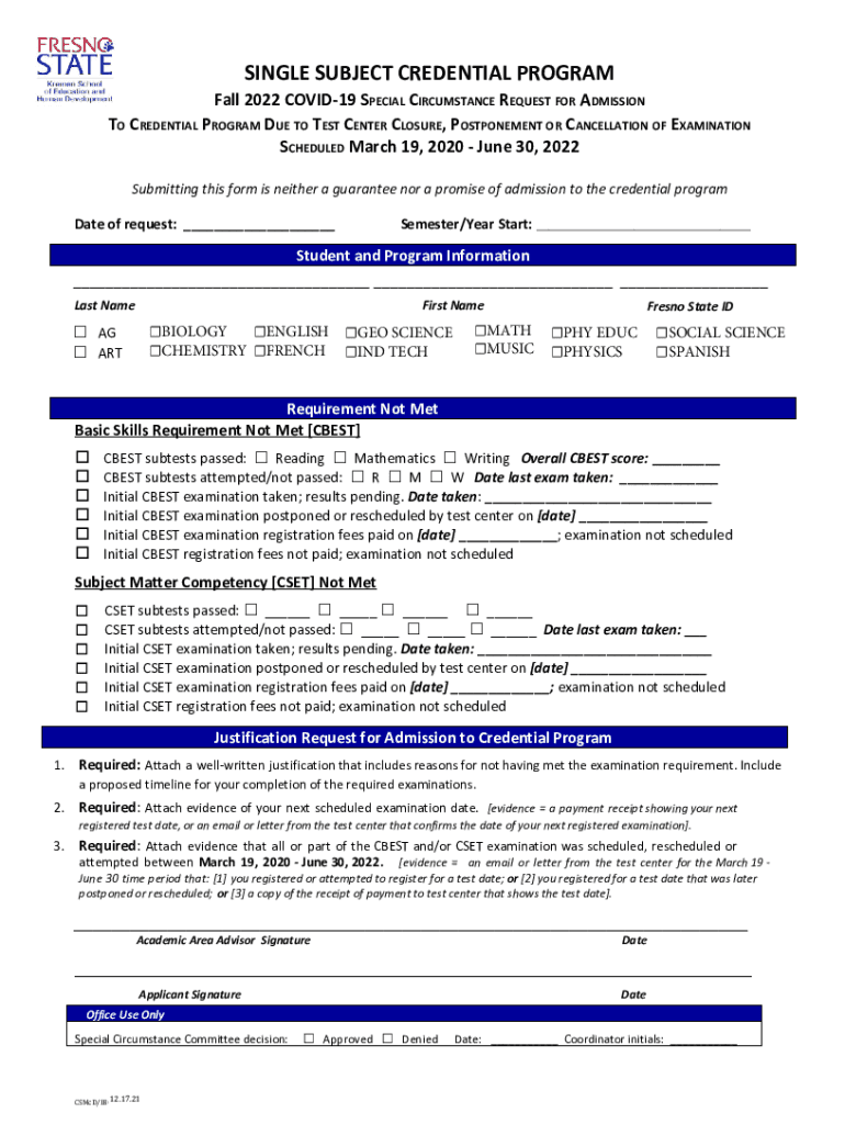 Fillable Online SINGLE SUBJECT CREDENTIAL PROGRAM - Fresno State Fax Email Print - pdfFiller